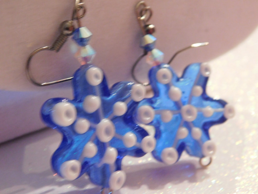 White Blue Glass Snowflake Earrings * Glass Snowflake Jewelry ...