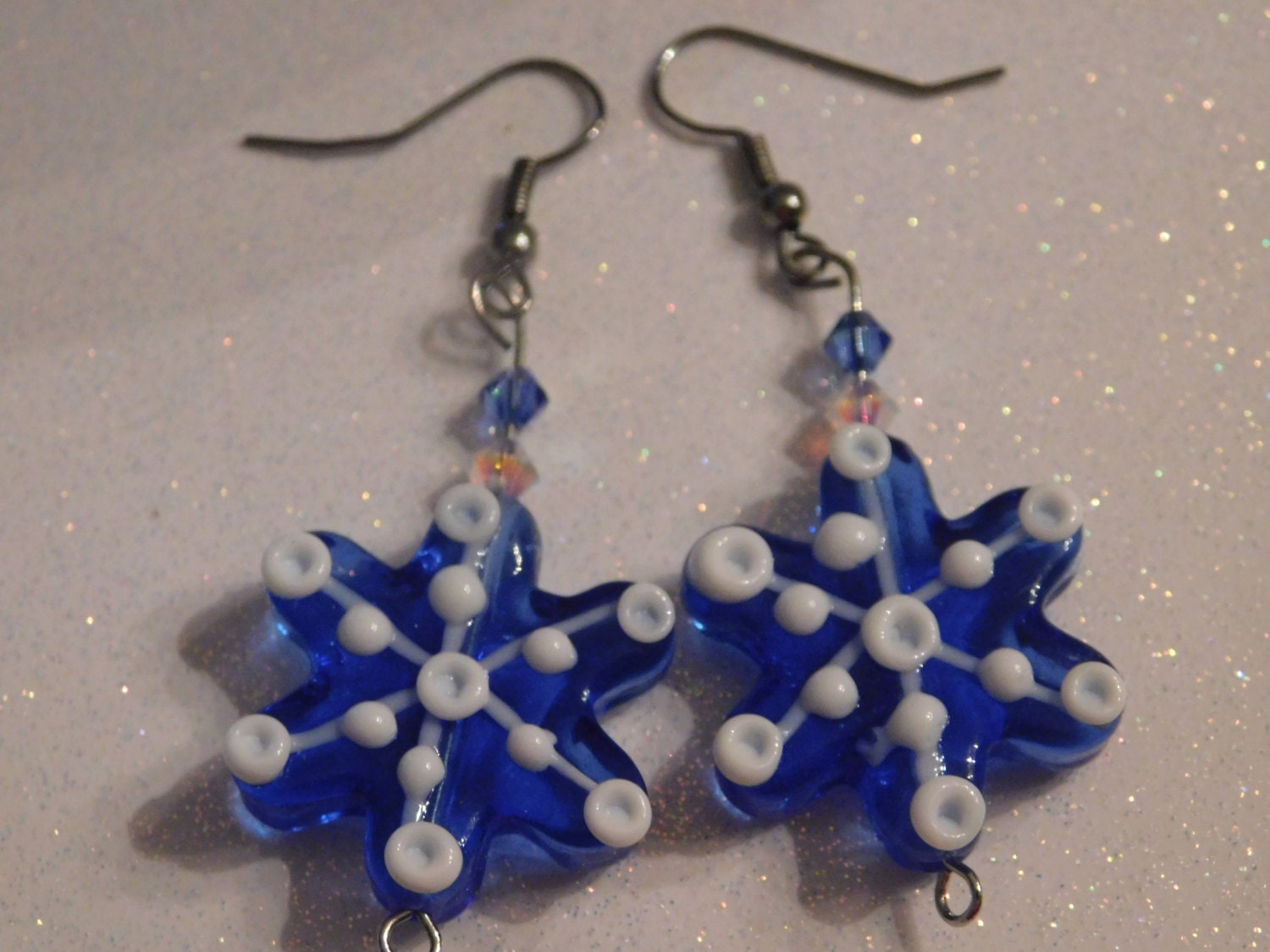 White Blue Glass Snowflake Earrings * Glass Snowflake Jewelry ...