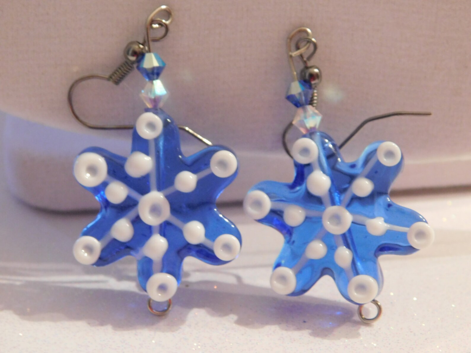 White Blue Glass Snowflake Earrings * Glass Snowflake Jewelry ...