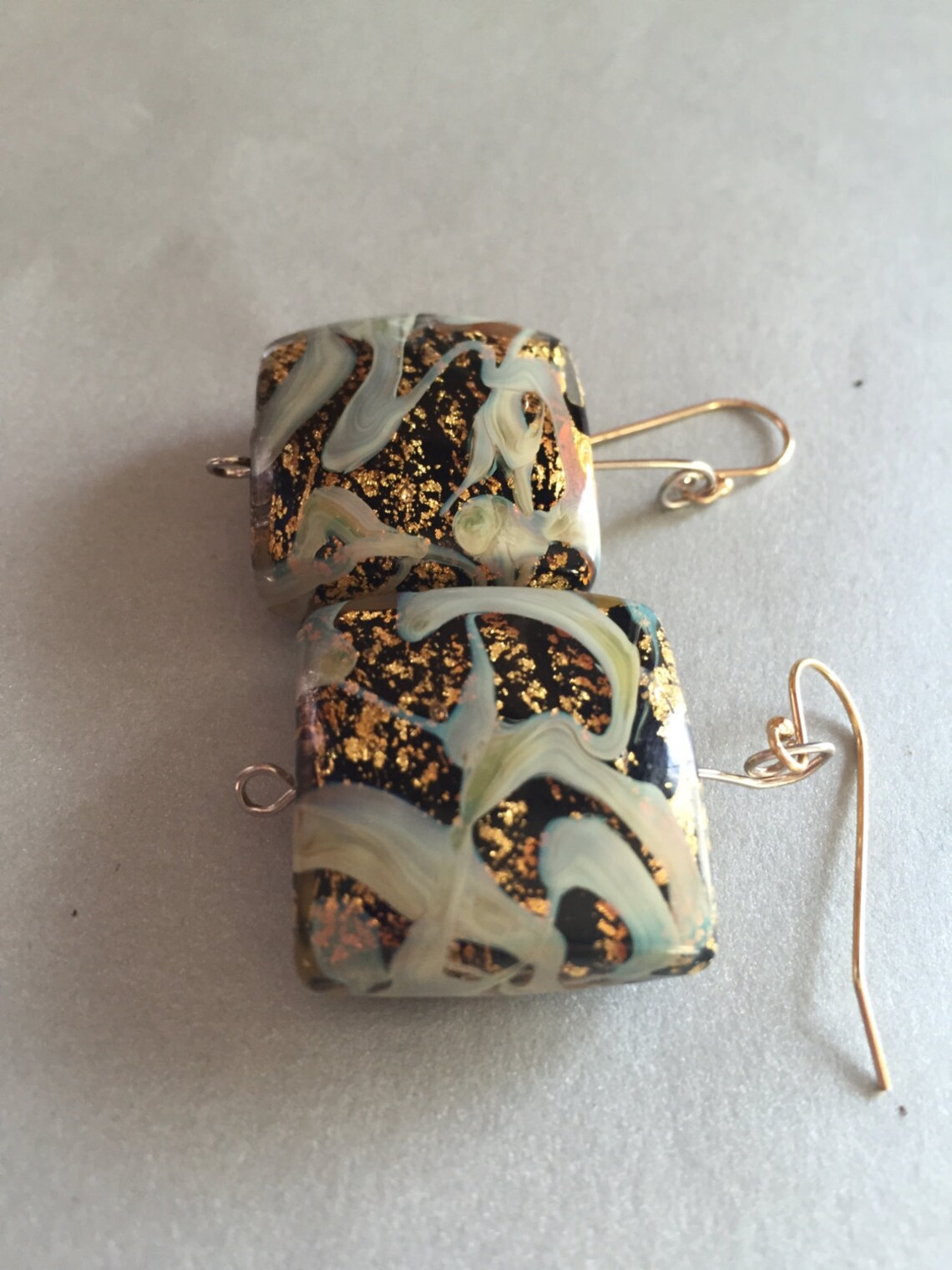 Square Murano Glass Earrings, Venetian Jewelry Black and Gold Foil ...