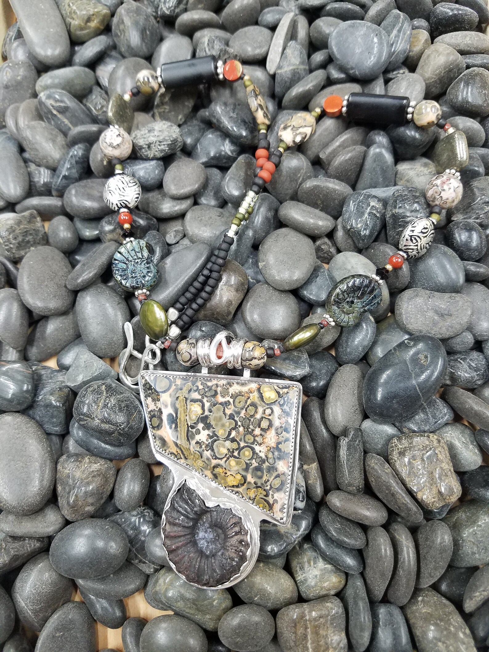 Peruvian Ammonite and Leopardskin Beaded Necklace 286 | Etsy