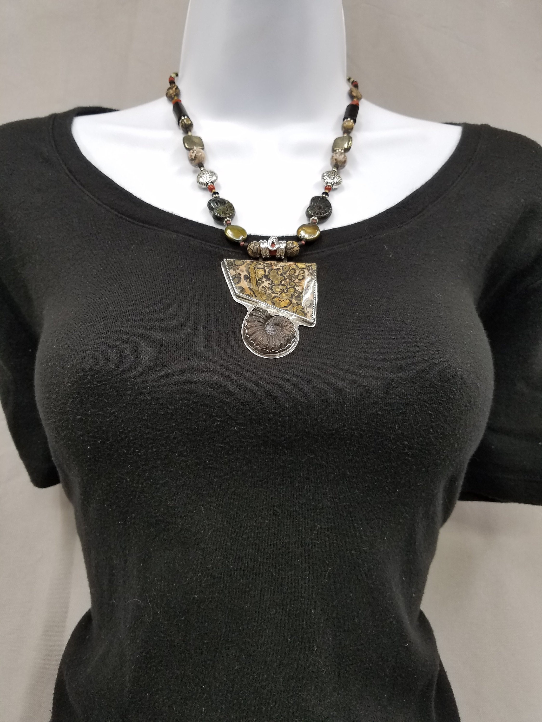 Peruvian Ammonite and Leopardskin beaded necklace 286 | Etsy