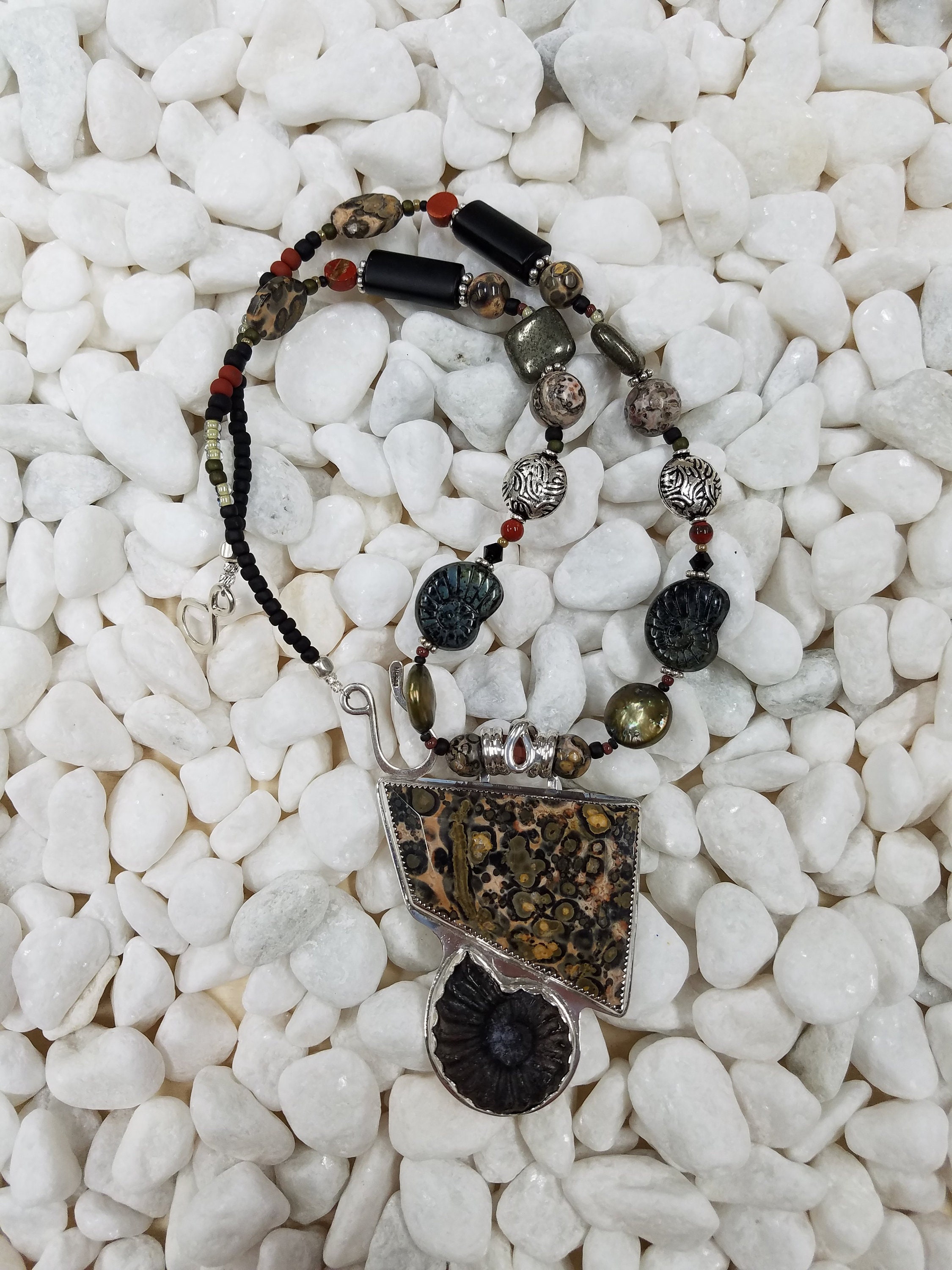 Peruvian Ammonite and Leopardskin beaded necklace 286 | Etsy