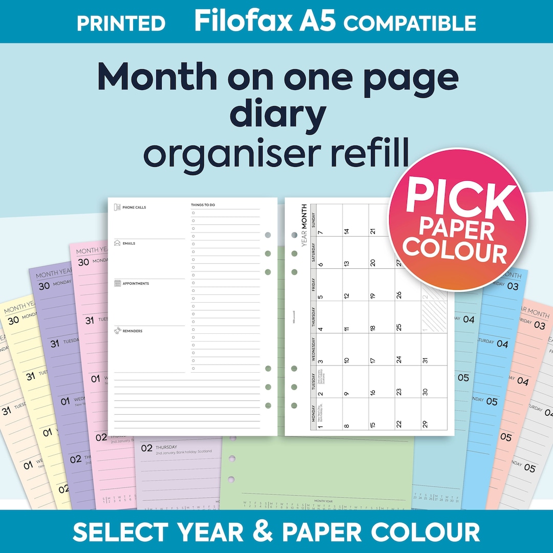 PRINTED A5 2024 2025 2026 Month on One Page Diary Organiser Insert ...