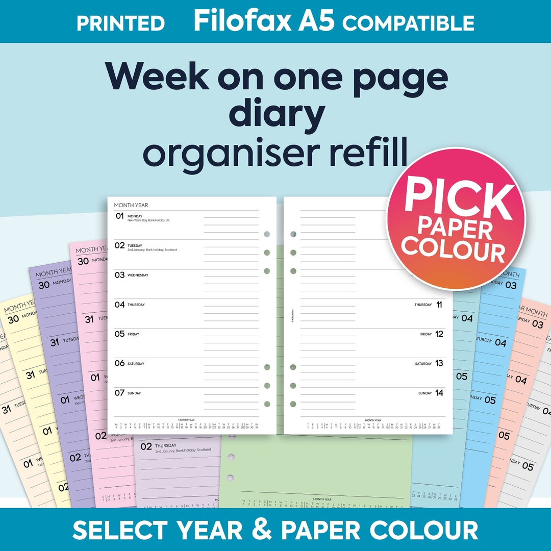 2026 | 2027 A5 Size Week on One Page Diary Organiser Insert Refill ...