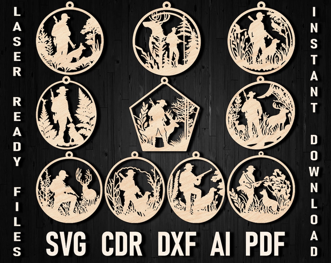 Hunting Svg Christmas Laser Cut Ornament, Deer Hunter Scene DXF Files ...
