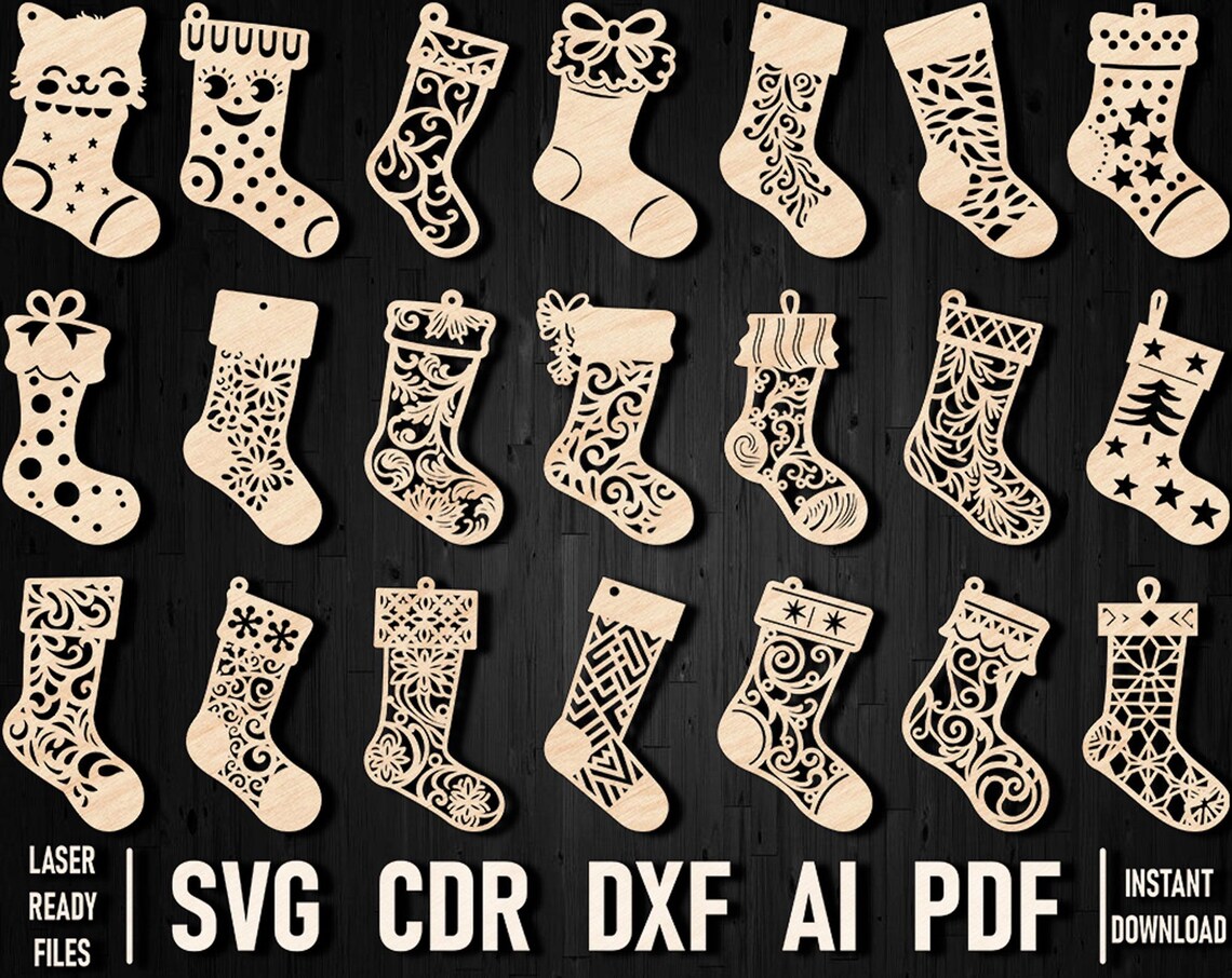 Christmas Socks Svg Laser Cut Ornaments, Stockings Dxf Glowforge Bundle ...