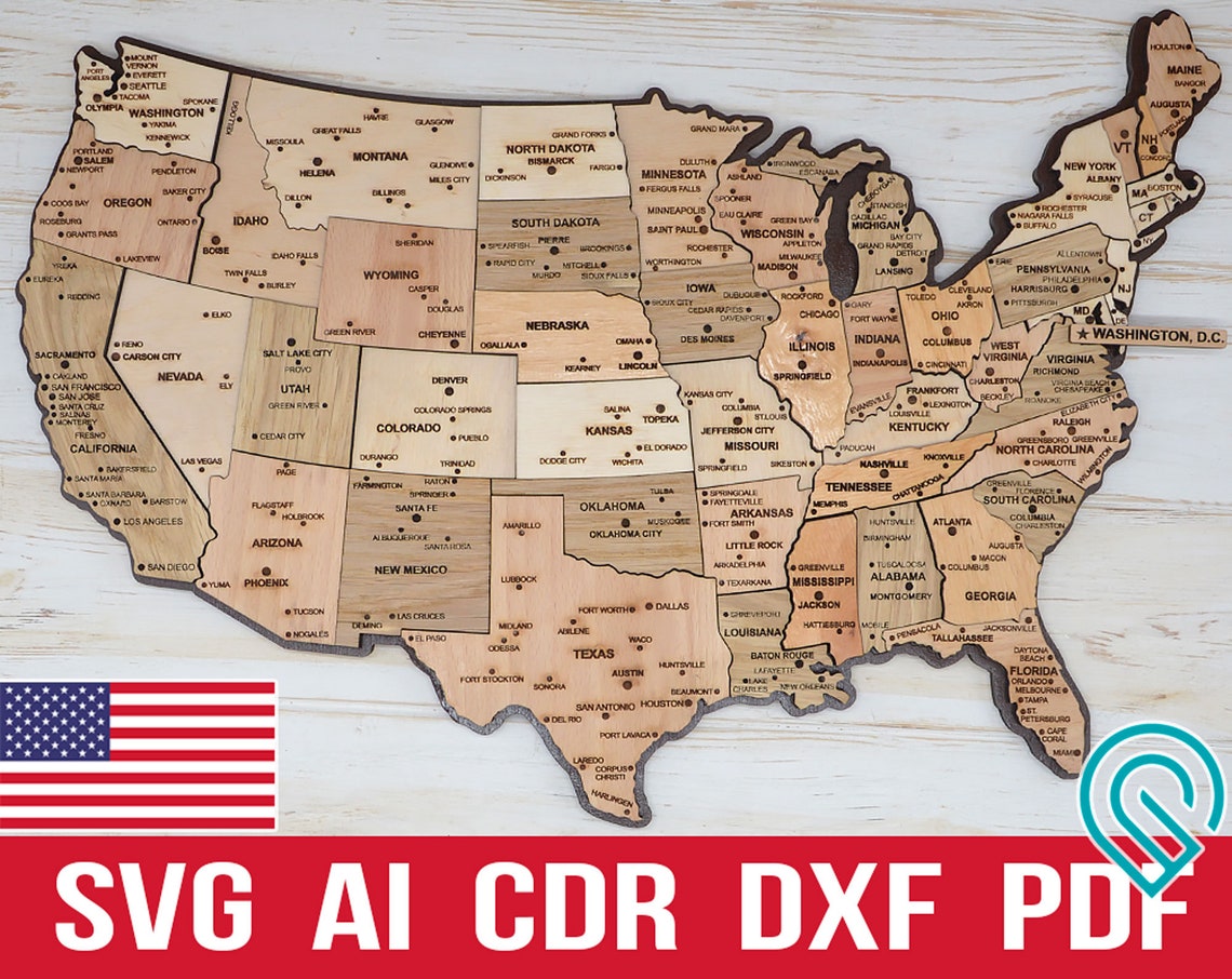 Svg USA laser cutting and engraiving map puzzle The United | Etsy