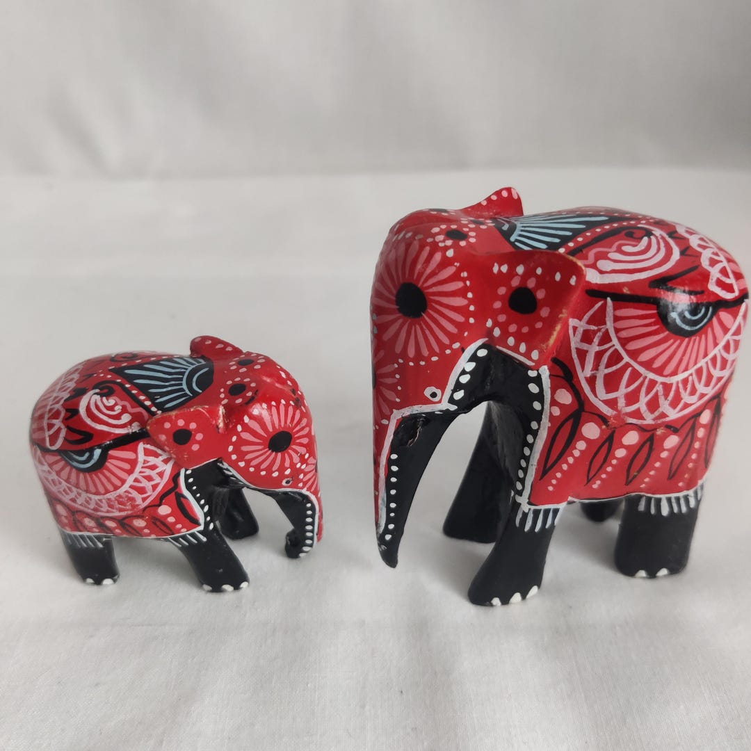Vintage Red Elephant Figurines Painted Wood ,elephants India ,folk Art ...