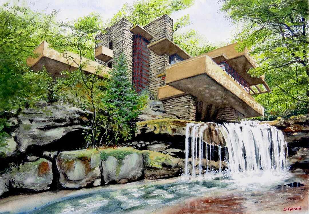 Fallingwater, Frank Lloyd Wright, Watercolor Painting, Print, Bear Run ...