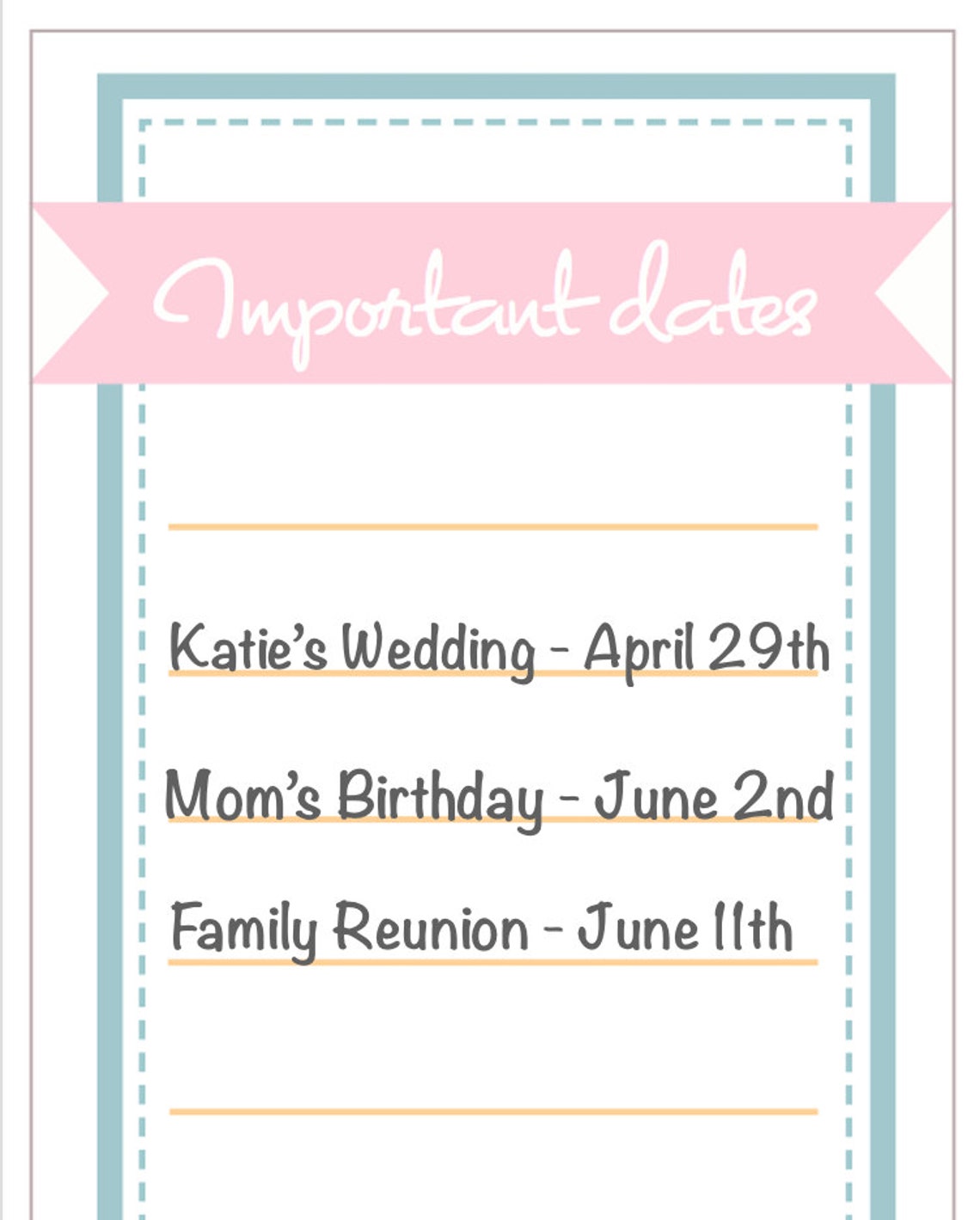 Important Dates Printable, Spring Pastel, Birthday Printable ...