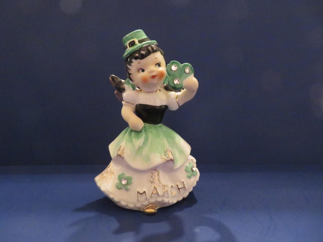 Lefton March Shamrock Angel Wears Top Hat Holds Rhinestone Embellished ...