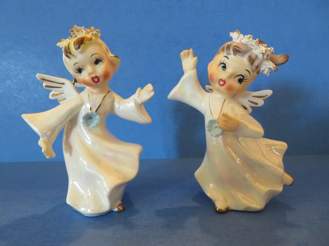 Lefton Dancing Angels - Each Wears an Iridescent Dress With Blue Flower ...