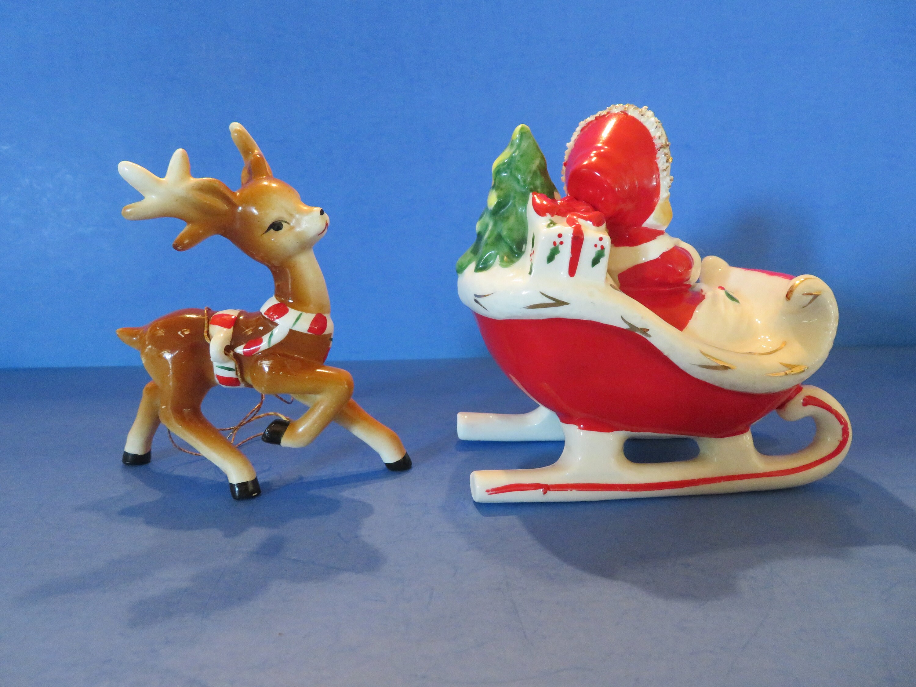Vintage Japan Reindeer W Candy Cane Harness Pulling Lovely Christmas ...