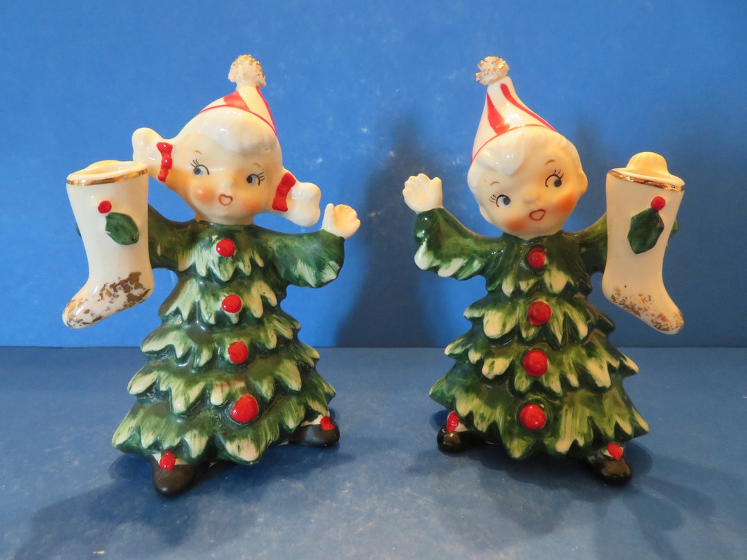 Lefton Holly Tree Kids With Stockings left and Right Boy and Girl Set ...