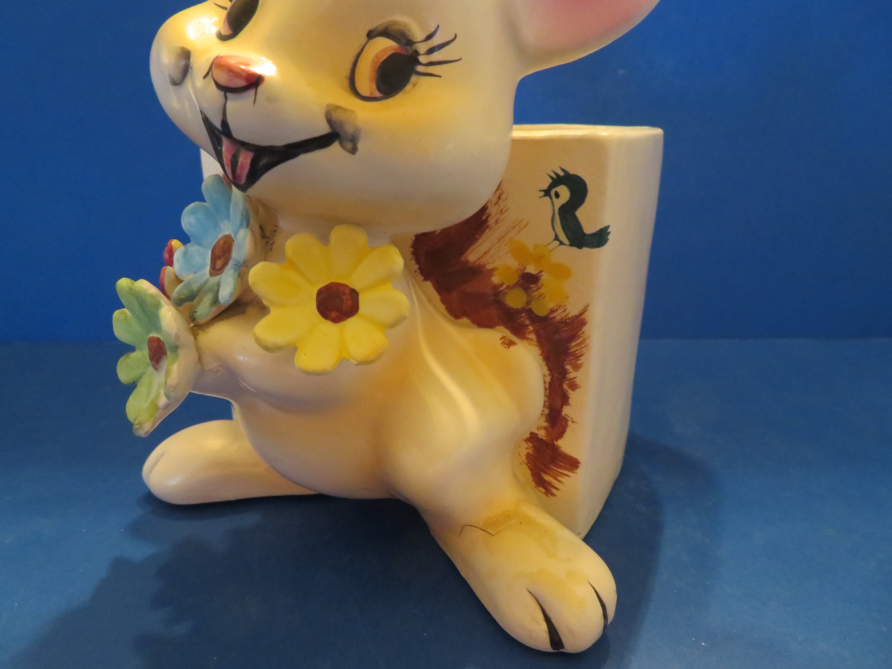 Lefton Bunny Planter - Adorable Fella Holds a Bouquet of Daisy's With ...