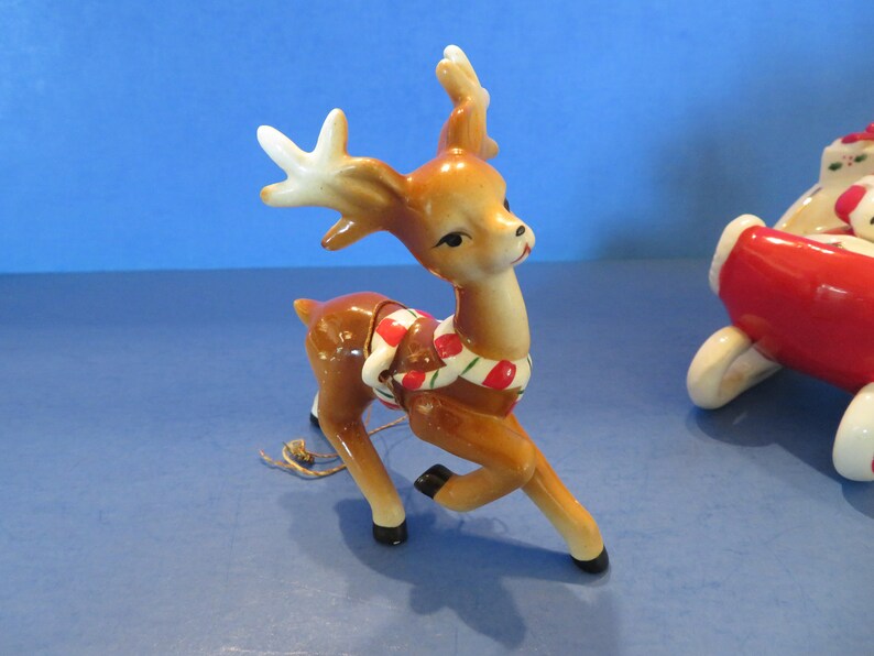 Vintage Japan Reindeer W Candy Cane Harness Pulling Lovely Christmas ...