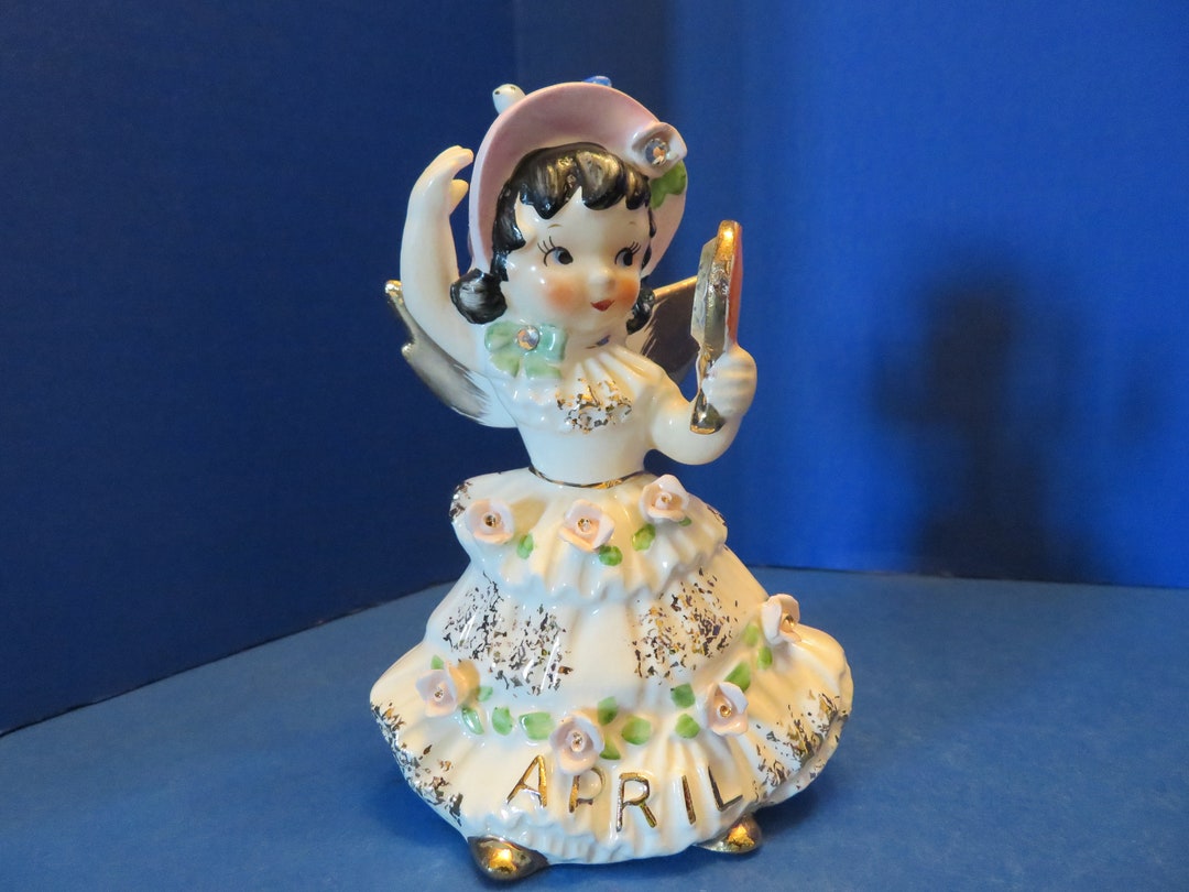 Lefton April Angel Wearing Pink Bonnet W Blue Bird Perched on Top She ...