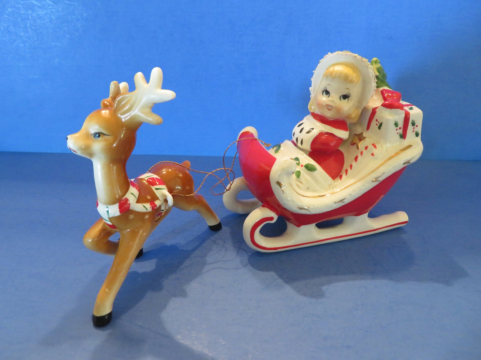 Vintage Japan Reindeer W Candy Cane Harness Pulling Lovely Christmas ...