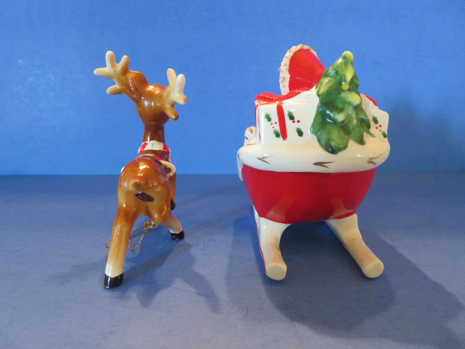 Vintage Japan Reindeer W Candy Cane Harness Pulling Lovely Christmas ...