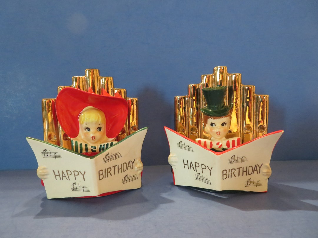 TMJ Happy Birthday Boy & Girl Candle Holders - He Wears Green Top Hat ...