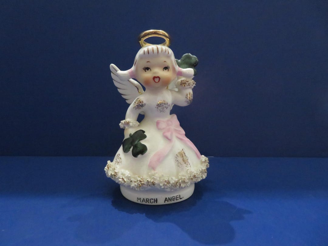Lefton March Shamrock Angel Holds Two Shamrocks - Gold and Spaghetti ...
