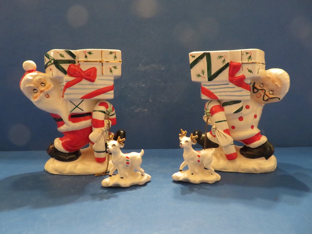 Vintage Japan Santa & Mrs Claus W Reindeer Candy Cane Holder or Planter ...