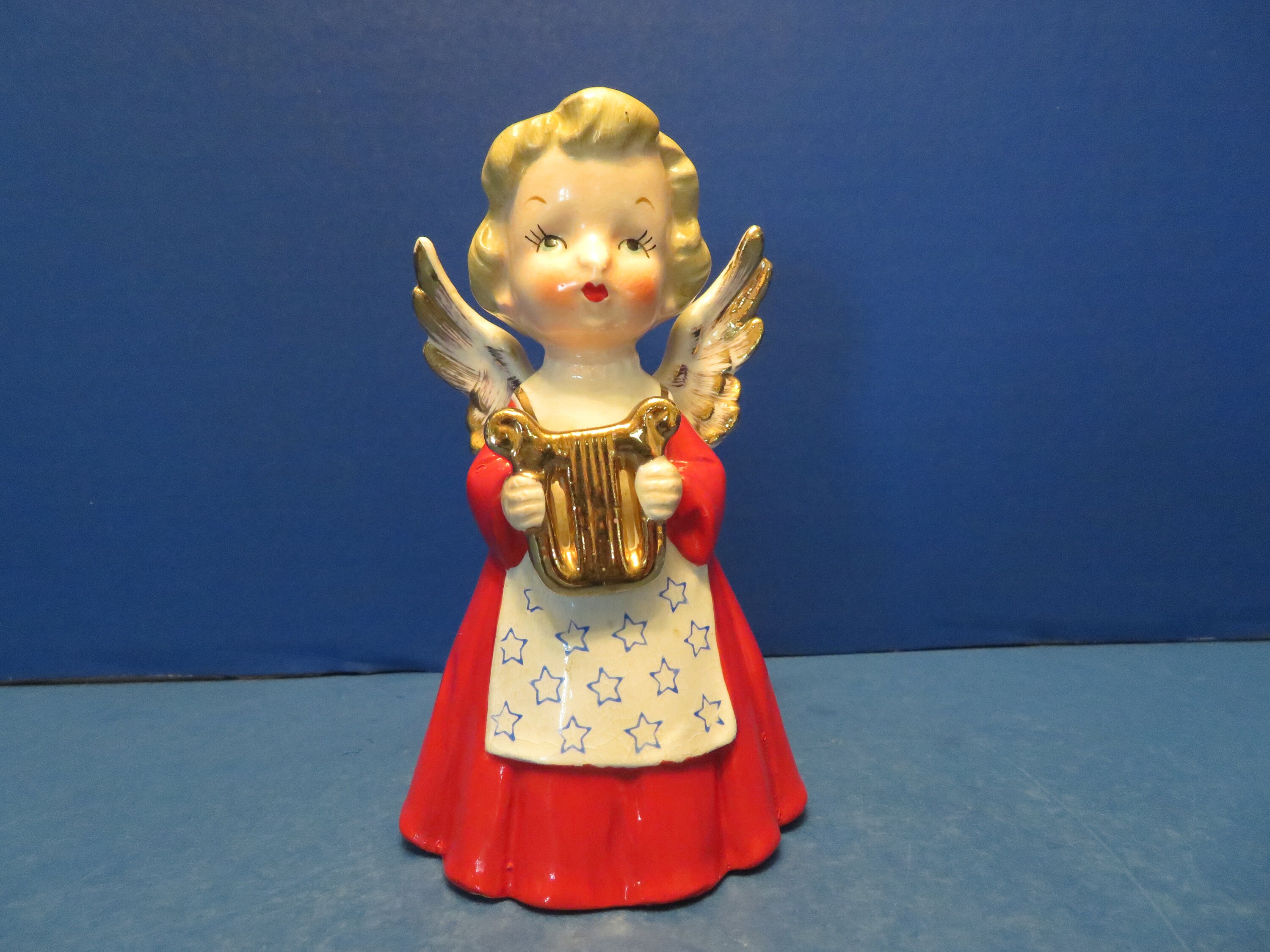 Napco Angel With Blue Star Embellished Apron Holds Harp - Etsy