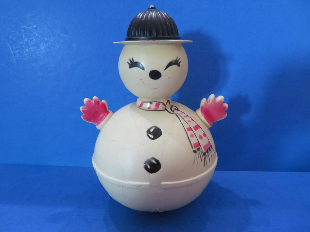 Vintage Hard Plastic Roly Poly Snowman - He Wears a Top Hat, Striped ...