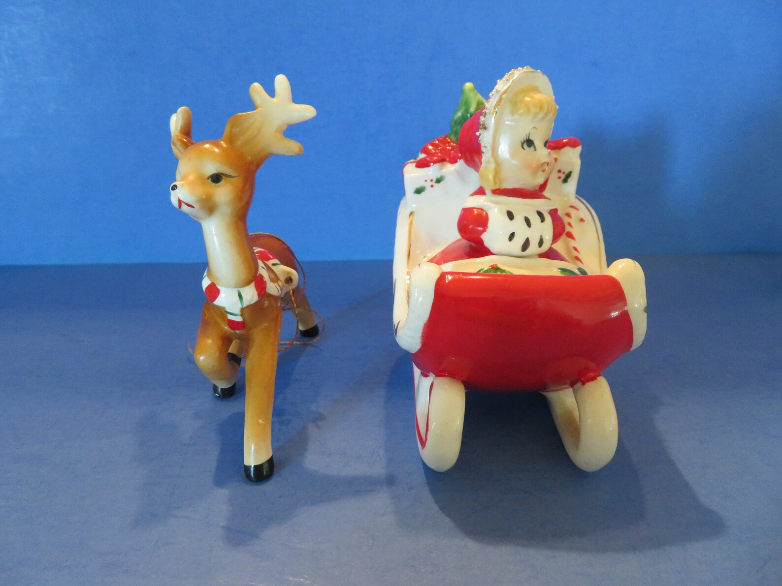 Vintage Japan Reindeer W Candy Cane Harness Pulling Lovely Christmas ...