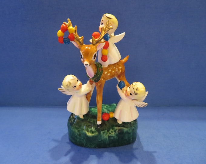 Lefton Angels Decorating Reindeer With Christmas Garland - Near Mint ...