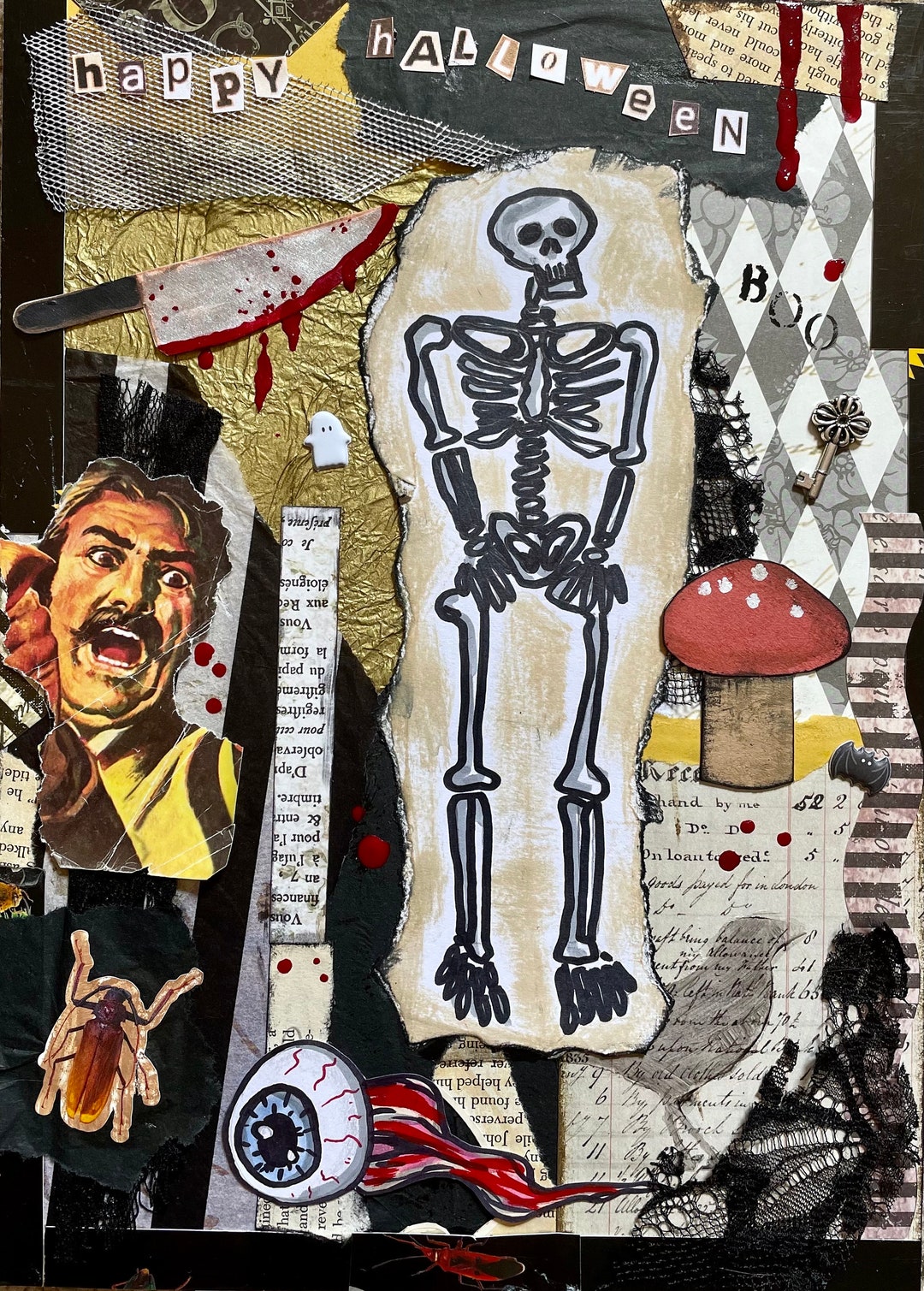 Halloween Collage Art: Spooky Skeleton Assemblage Decor - Etsy