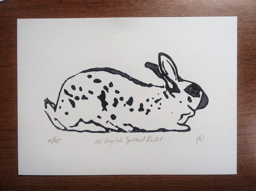 Spotted Bunny Lino Print , Old English Spotted Rabbits, One Traditional ...