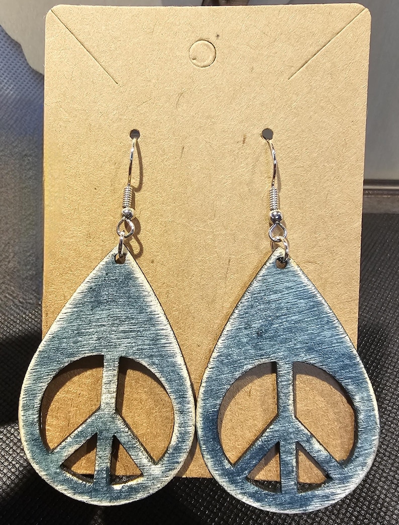Wooden Peace Sign Tear Drop Earrings - Blue - Etsy