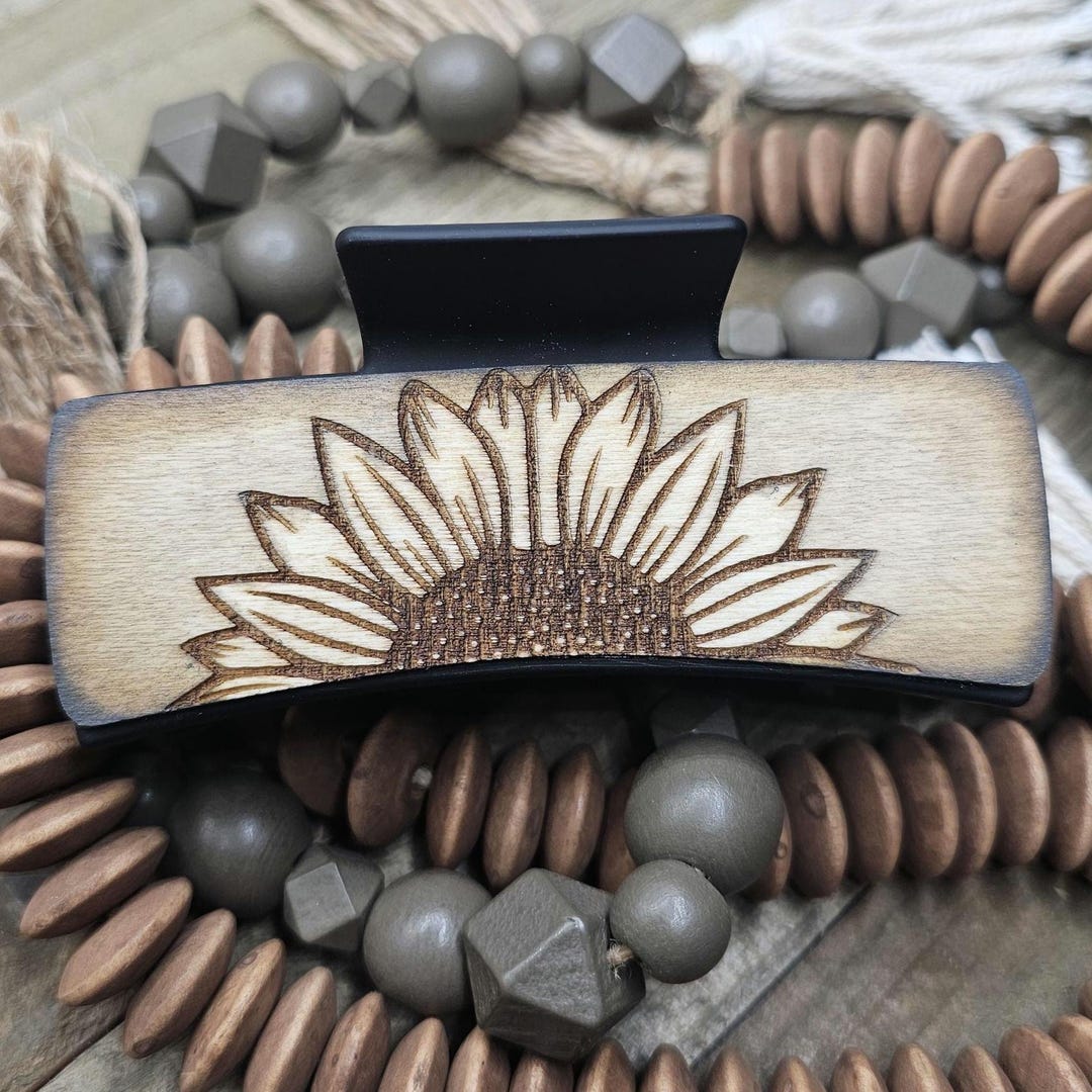 Sunflower Claw Clip (4.1 Inch) Raw Wood Color / Flower Hair Accessory ...