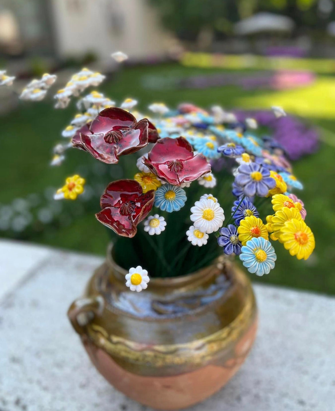 Ceramic Flowers on Steam. Handmade. Garden Flowers. Decor. Gifts. Flowers Stems. Handmade Art Etsy UK