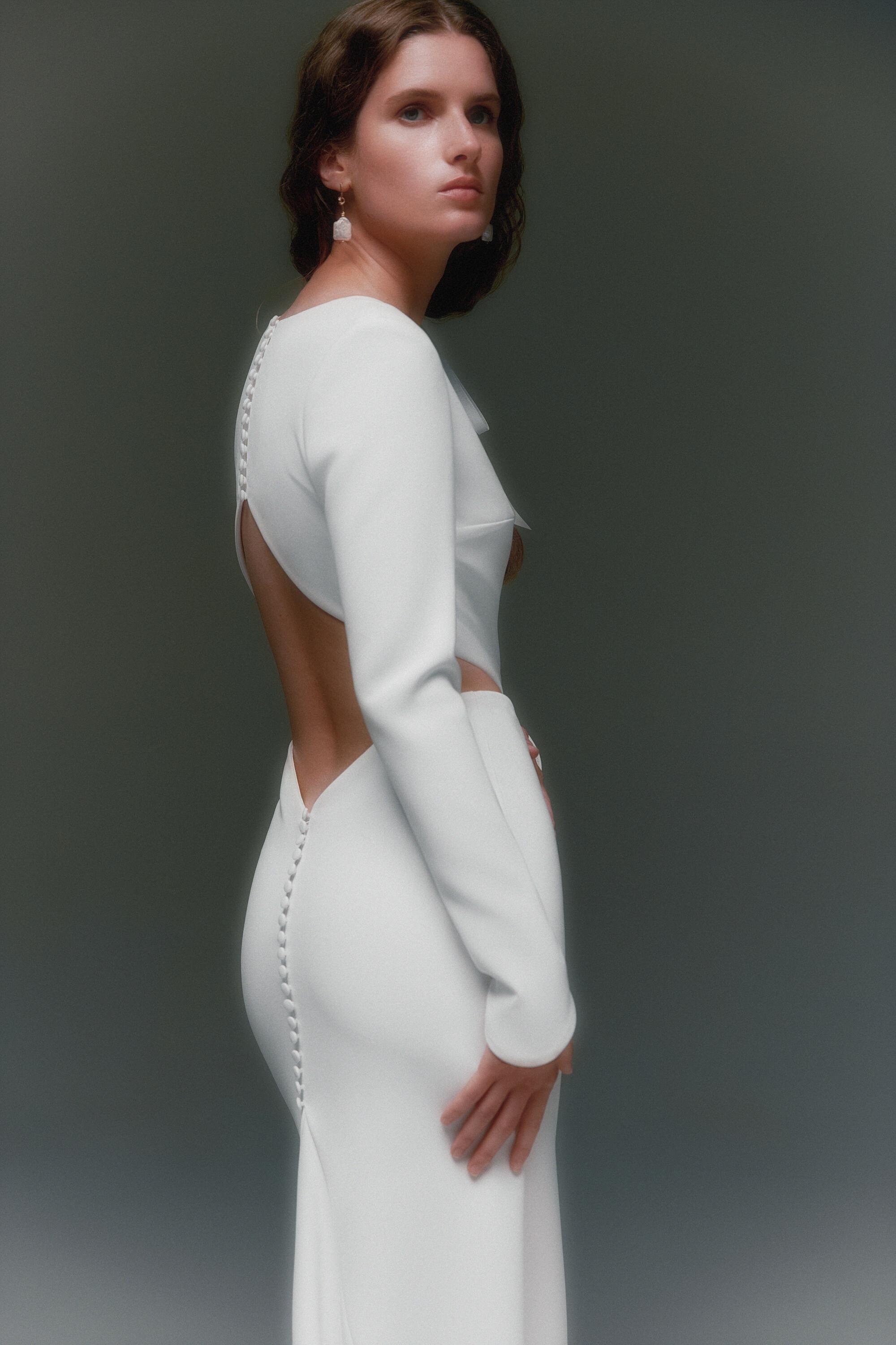 Long Sleeve Crepe Wedding Dress With Cutouts Minimalist Sheath Deep V ...