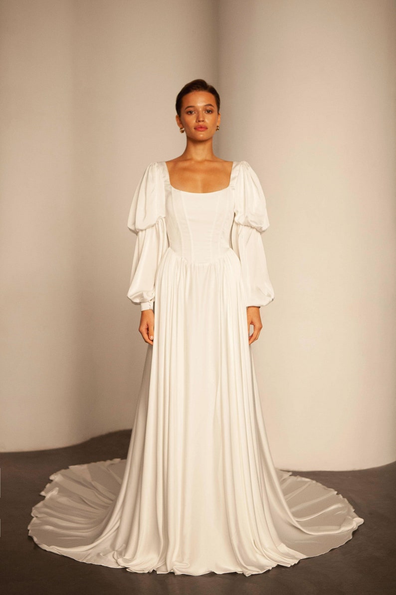 Square Neck Satin Wedding Dress A Line Long Puff Sleeve Wedding Dress ...