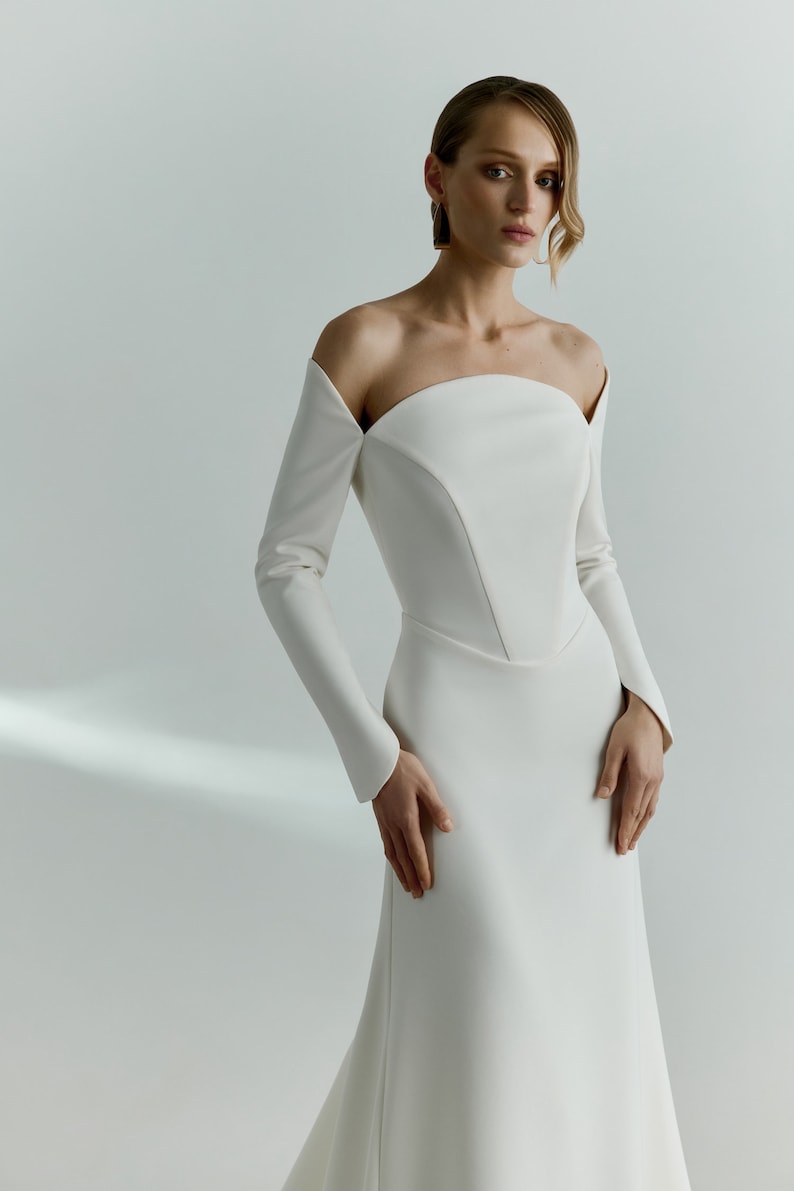 Off-the-shoulder Crepe Wedding Dress Minimalist Fit & Flare - Etsy