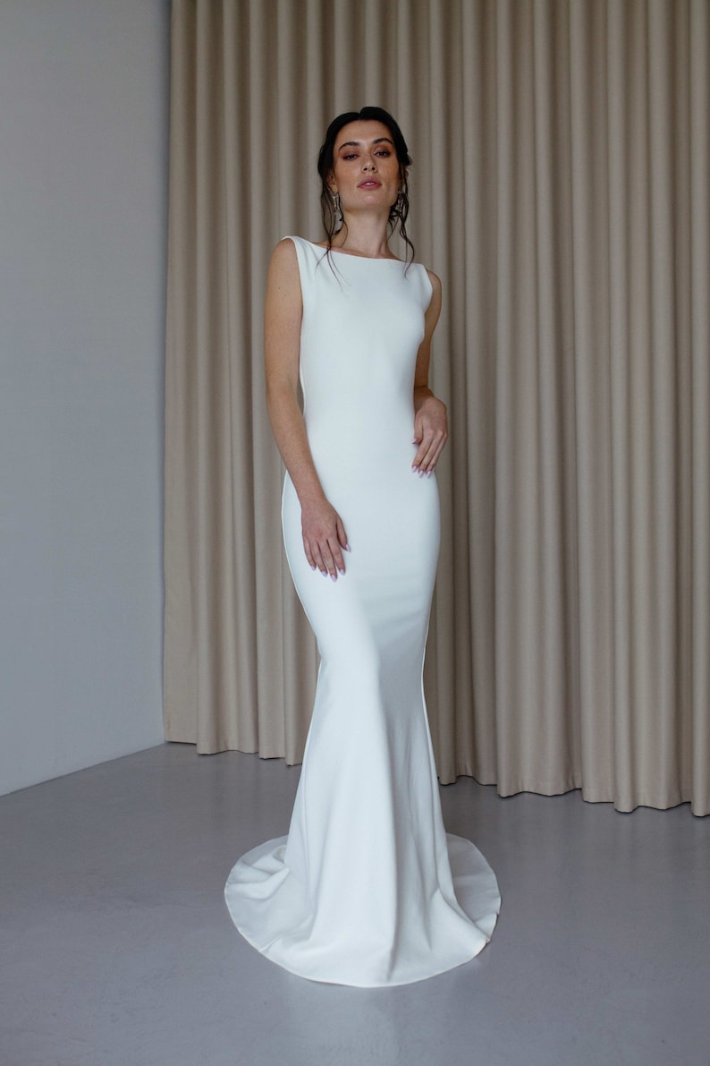 Modern Mermaid Crepe Wedding Dress Open Back Boat Neck Wedding | Etsy
