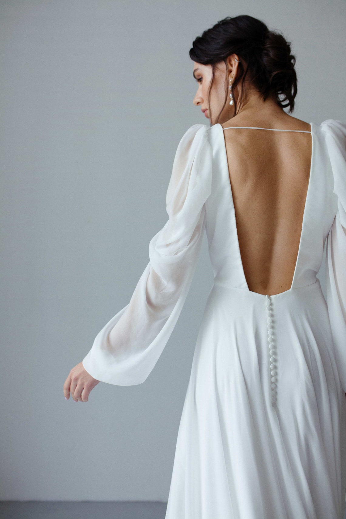 Open Back Long Sleeve V Neck Wedding Dress Modern Chiffon - Etsy Australia