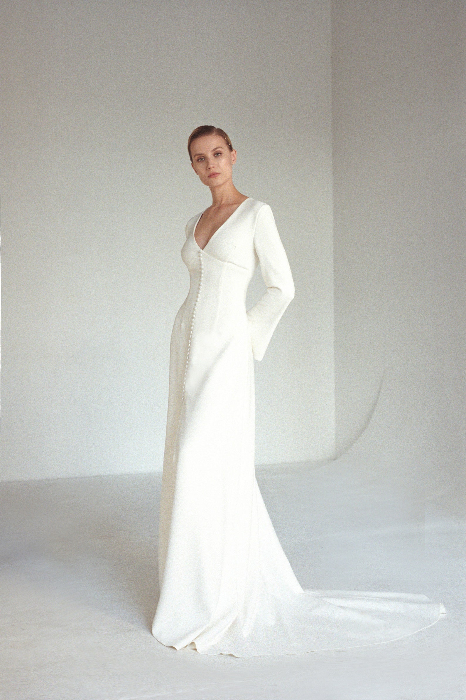 Boho Flared Sleeve Wedding Dress Button Front Bridal Gown Deep V Neck ...