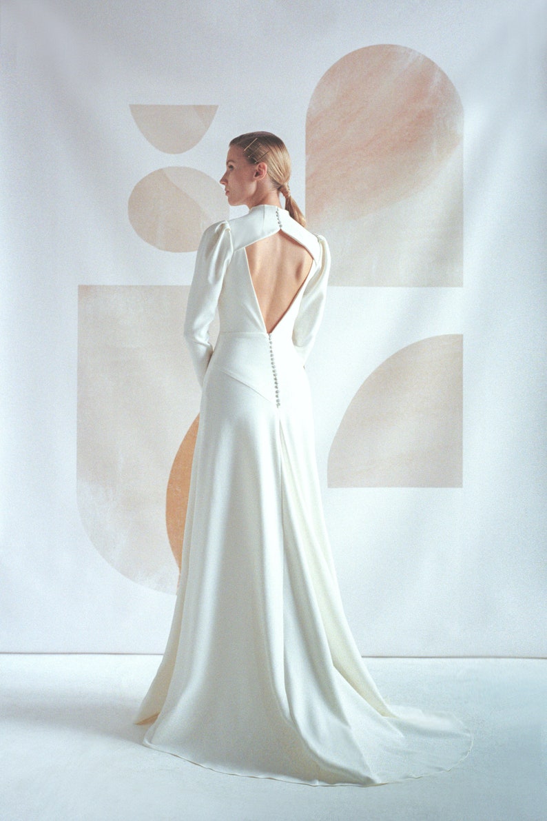 Long sleeve wedding dress key hole back puff sleeve Modest | Etsy