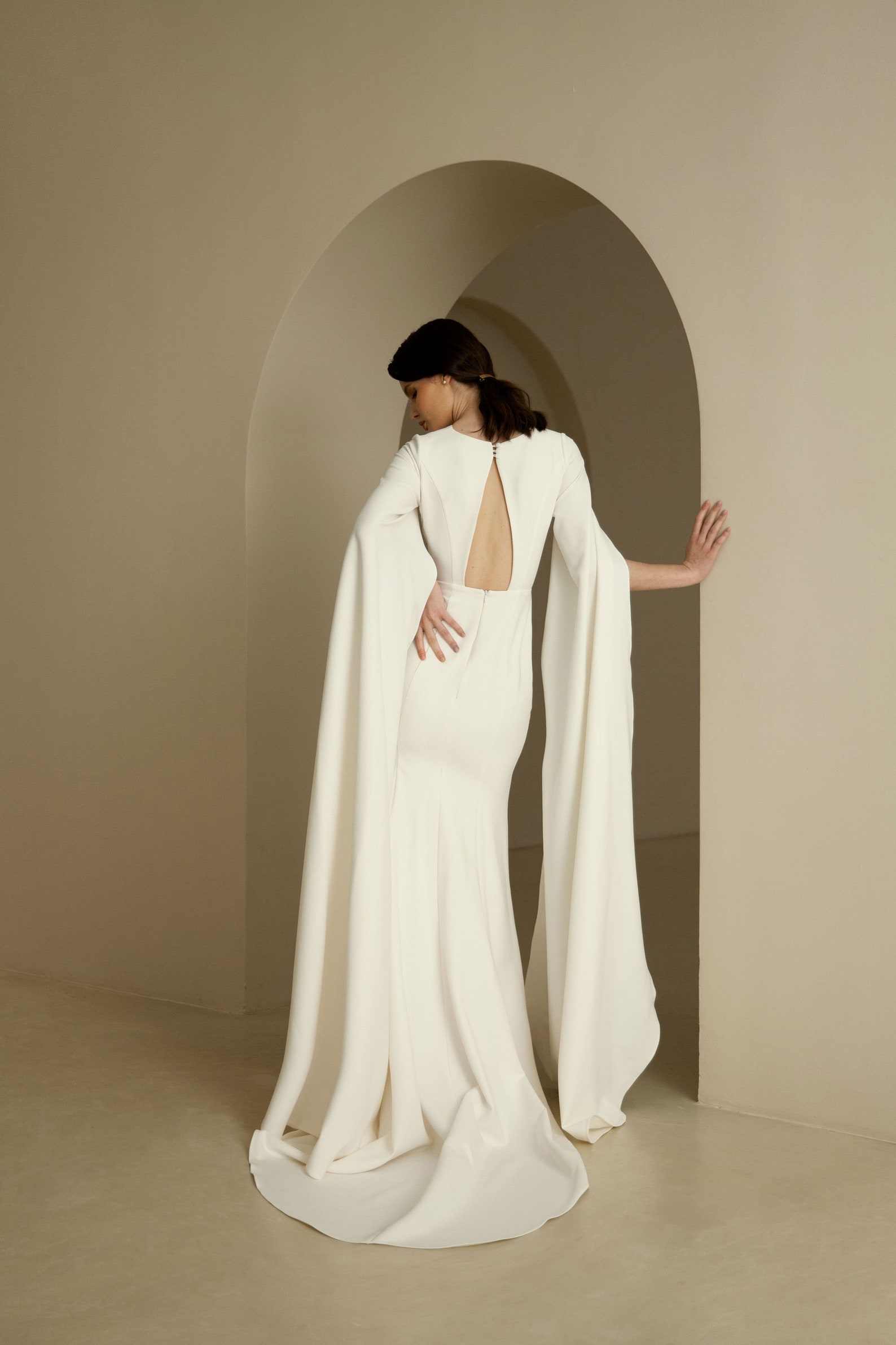 Cape Sleeve Wedding Dress Minimalist Crepe Wedding Dress Elongated ...