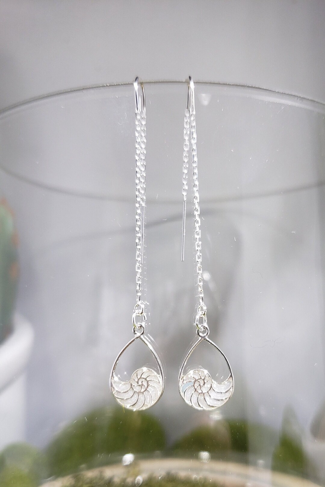 Nautilus Shell Dangling Earrings / Sterling Silver / Nature / Threaders ...