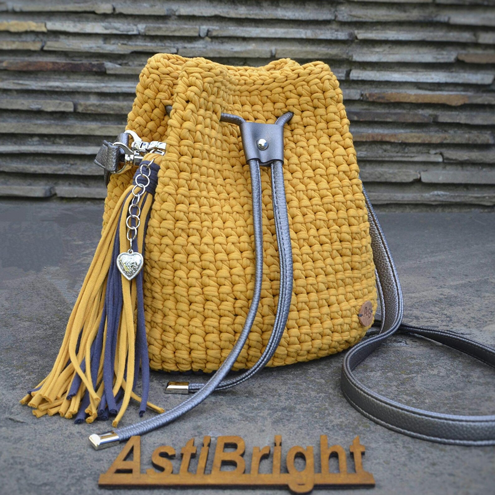 Handmade Crochet Bucket Bag: Boho Hippie Crossbody, Mustard & Graphite ...