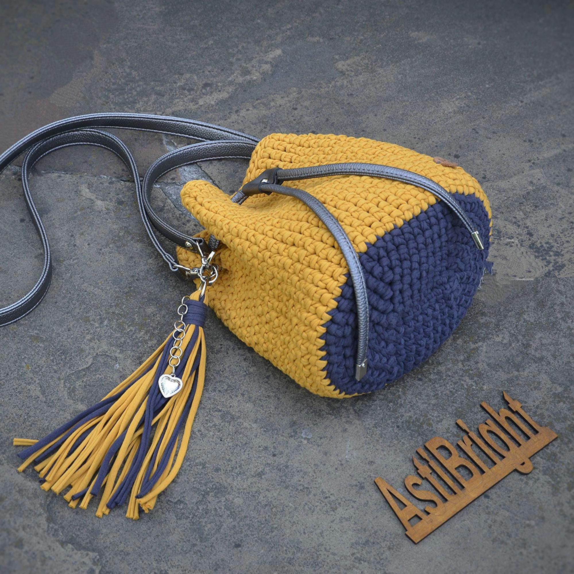 Handmade Crochet Bucket Bag: Boho Hippie Crossbody, Mustard & Graphite ...