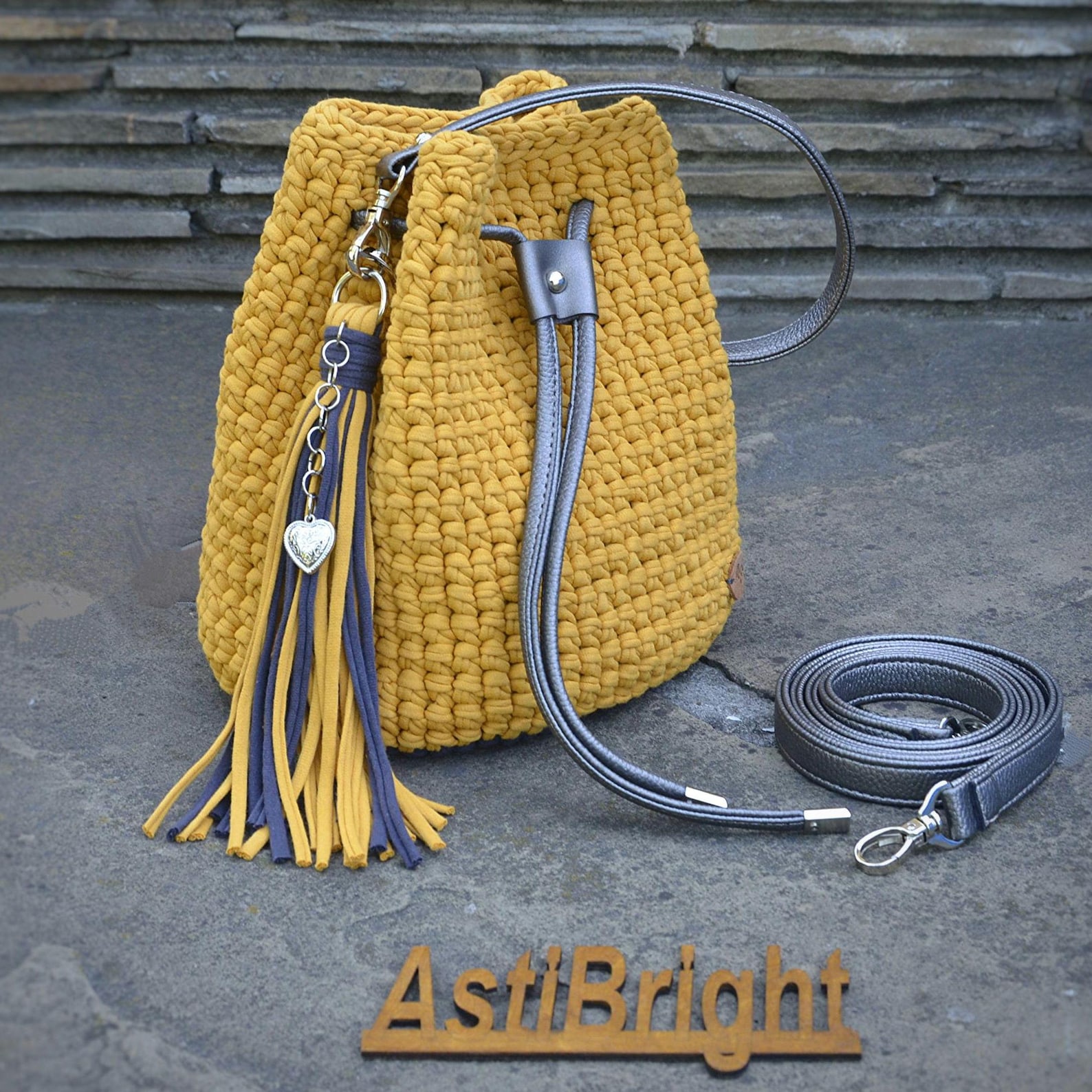 Handmade Crochet Bucket Bag: Boho Hippie Crossbody, Mustard & Graphite ...