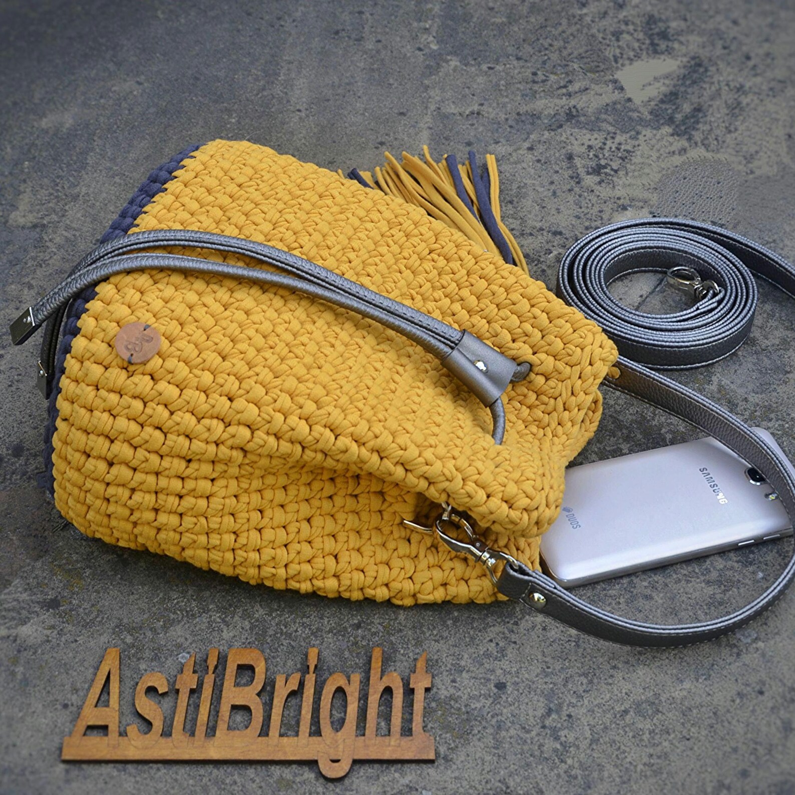 Handmade Crochet Bucket Bag: Boho Hippie Crossbody, Mustard & Graphite ...