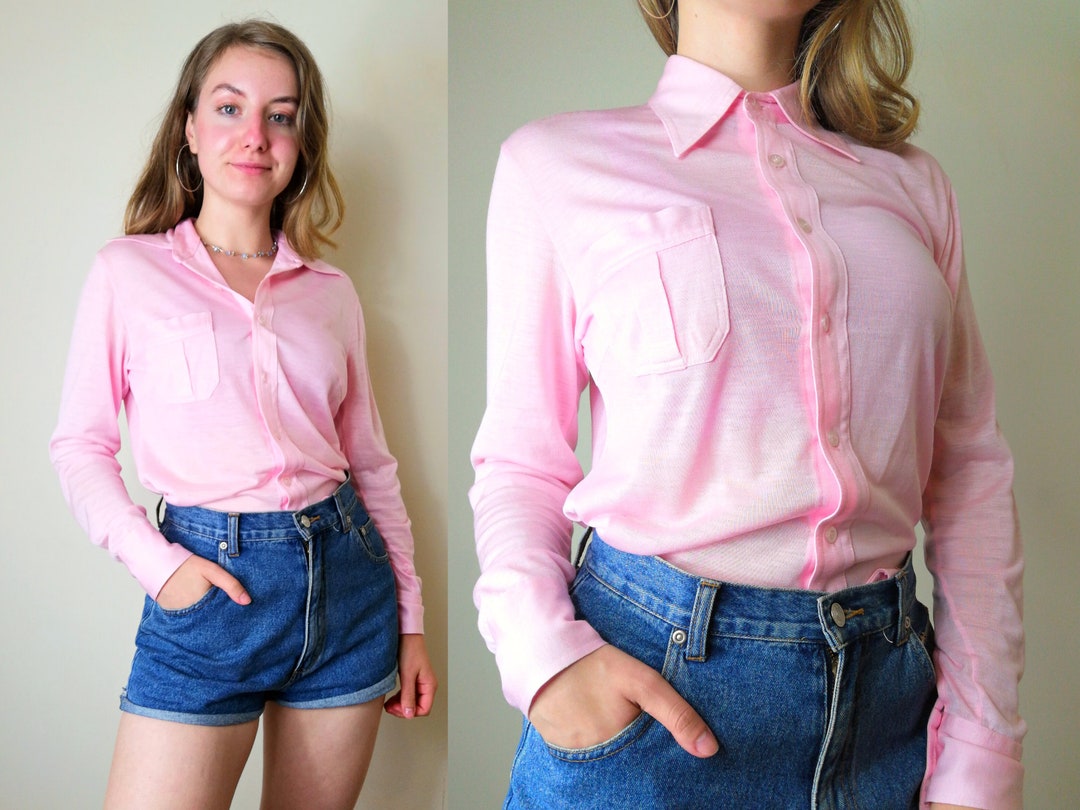 Vintage Pastel Pink Button Down Blouse Size S Dagger Collar Shirt ...